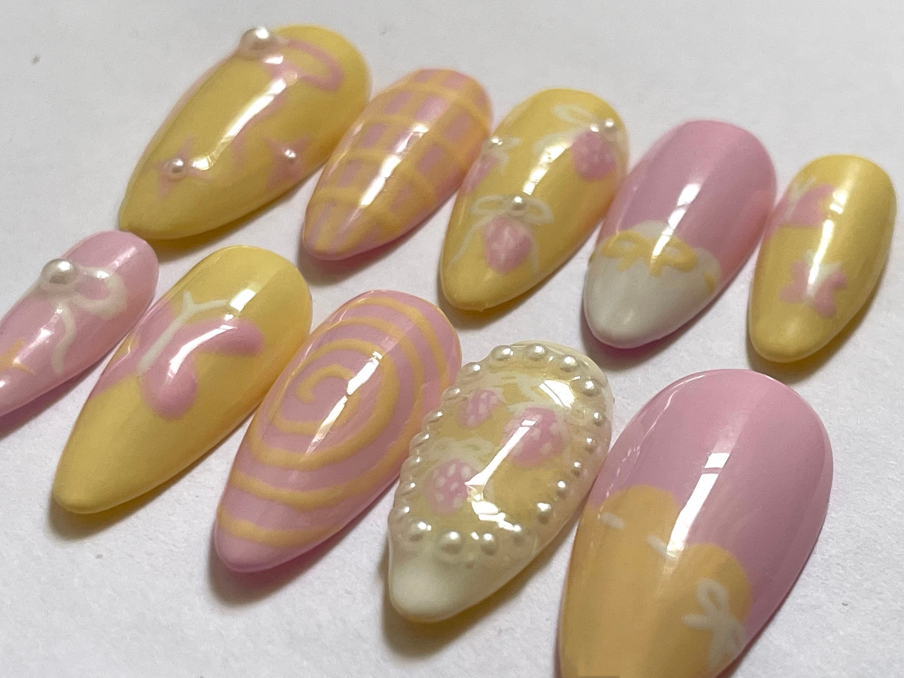 Spring Nails Pastel Yellow Pink Strawberry Butterfly Fluttershy Pearls ...