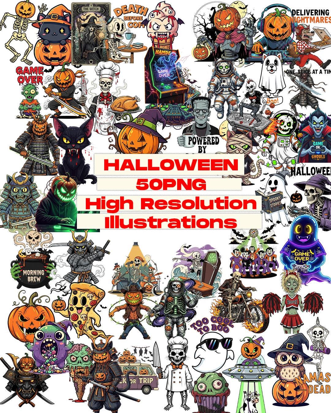 Halloween Clipart Bundle: 50 PNG Illustrations, Transparent Background ...