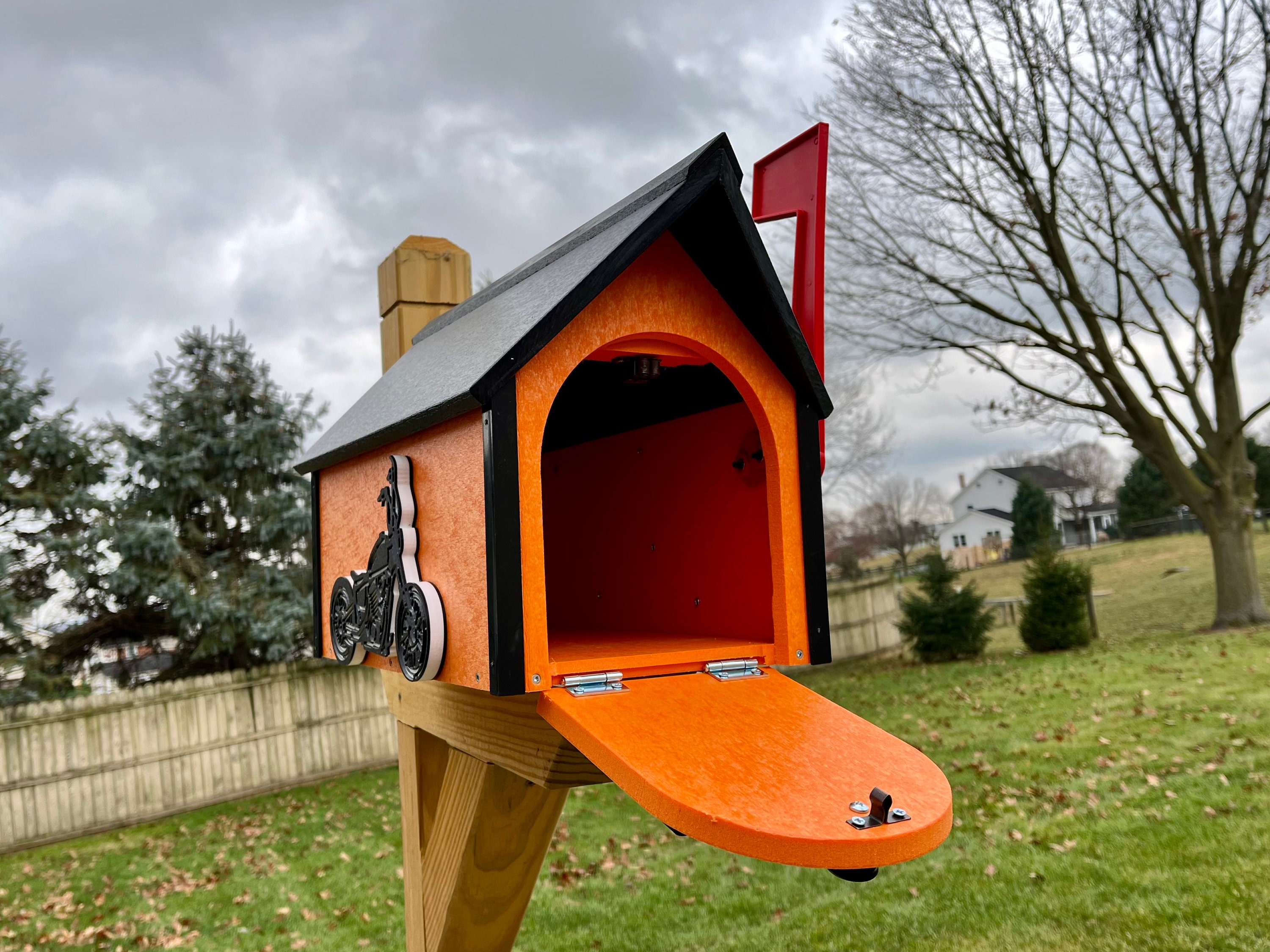 Motorcycle Mailbox Black and Orange Maintenance Free Gift for Biker or ...