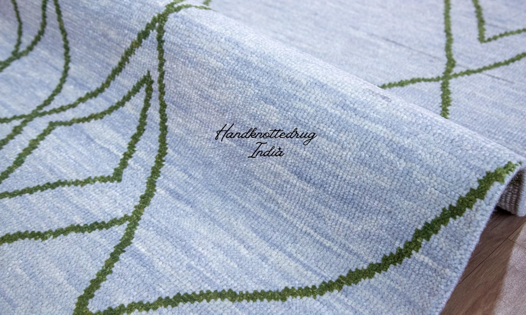 Blue Green Moroccan Style Hand Knotted Premium Wool Rug Modern Boho ...
