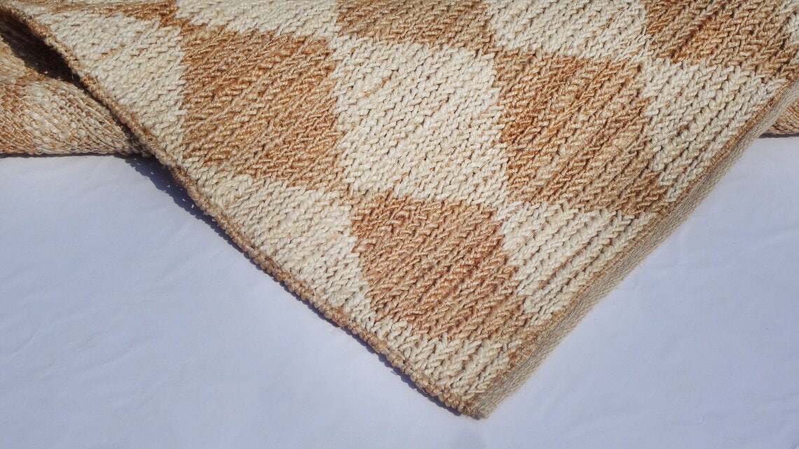 Natural Jute Gold Beige Diamond Pattern Kilim High Quality Hand Woven ...