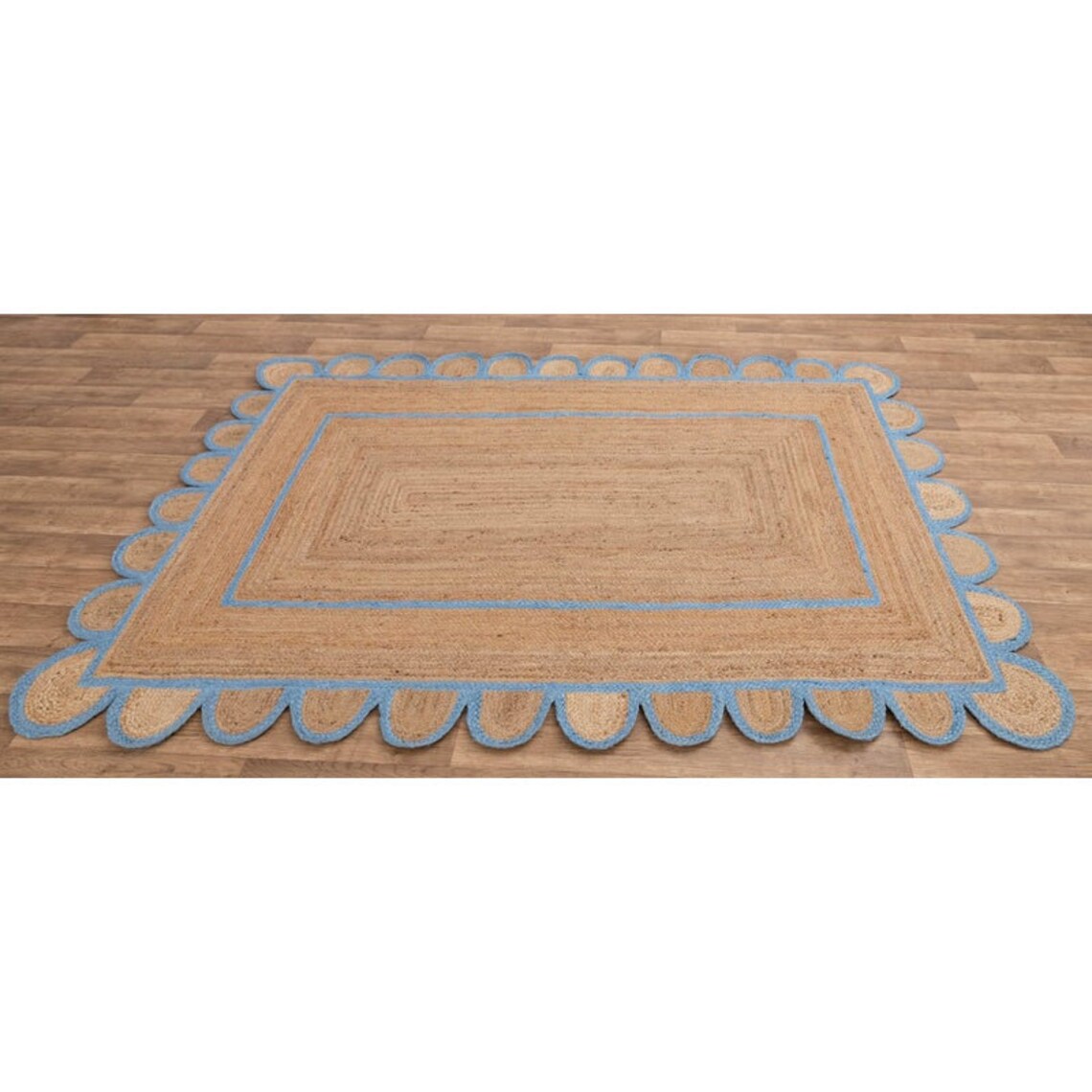 Handwoven Scalloped Jute Rug Beige With Blue Border, Handmade Scallop ...