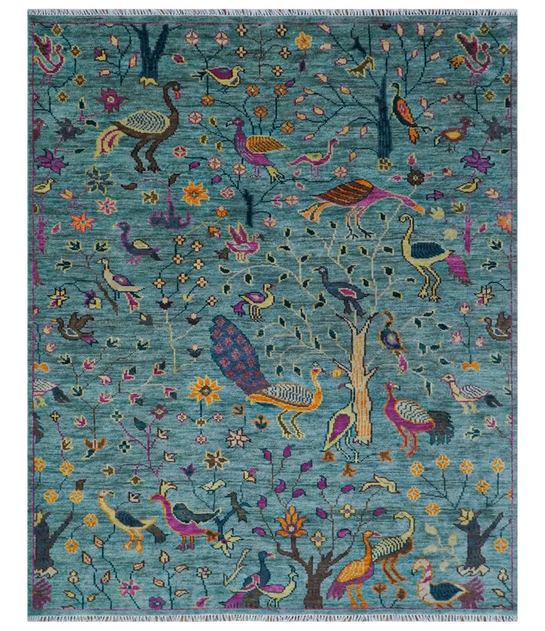 Hand Knotted Wool Rug, Turquoise Persian Style With Birds & Floral ...