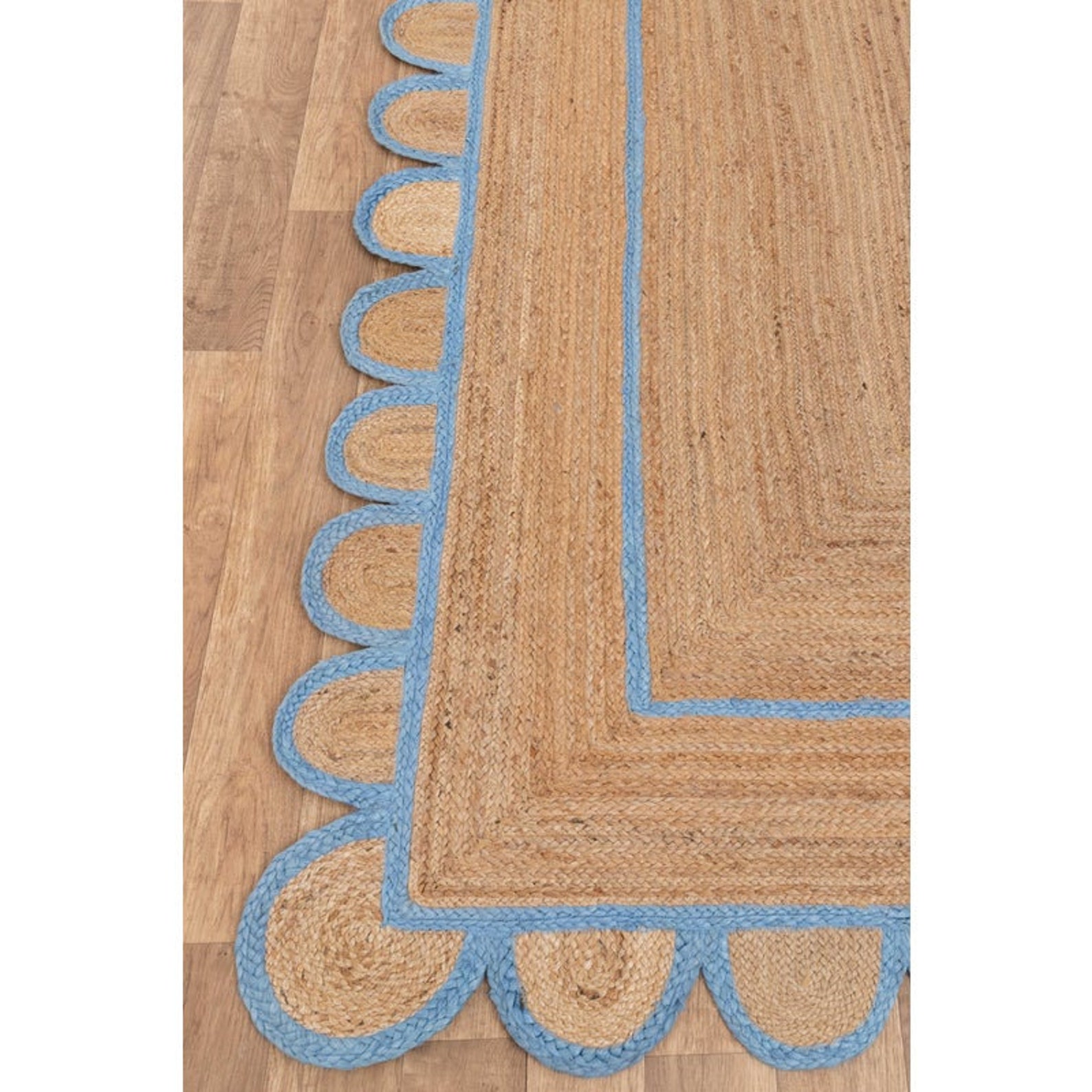 Handwoven Scalloped Jute Rug Beige With Blue Border, Handmade Scallop ...