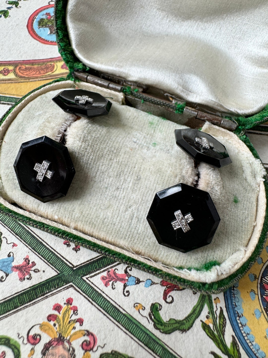 Signed French Art Deco 18k/platinum Onyx and Rose Cut Diamond Cufflinks ...