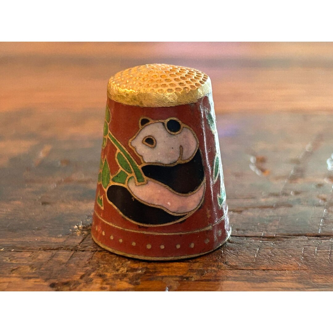 Vintage Cloisonne Panda Thimble With Enamel Detailing & Red Background ...