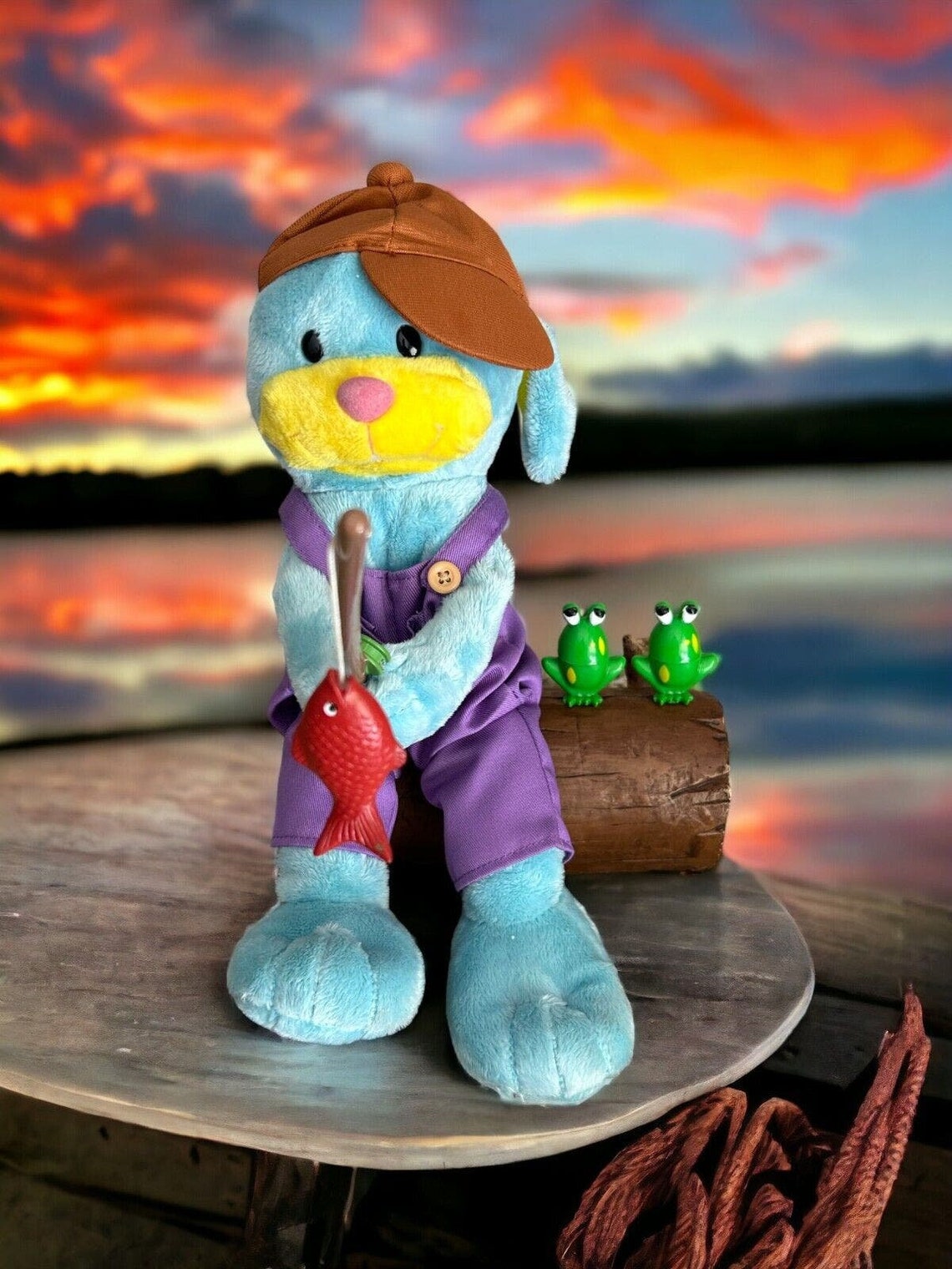 Rare Gemmy Singing Fishing Rabbit Bunny on Log Frogs Polly Wolly Doodle ...