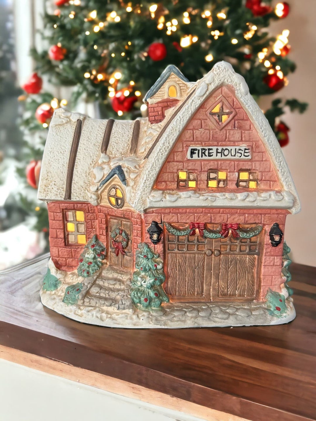 Mervyns Village Square Firehouse 1992 Christmas Ceramic Lighted Fire ...