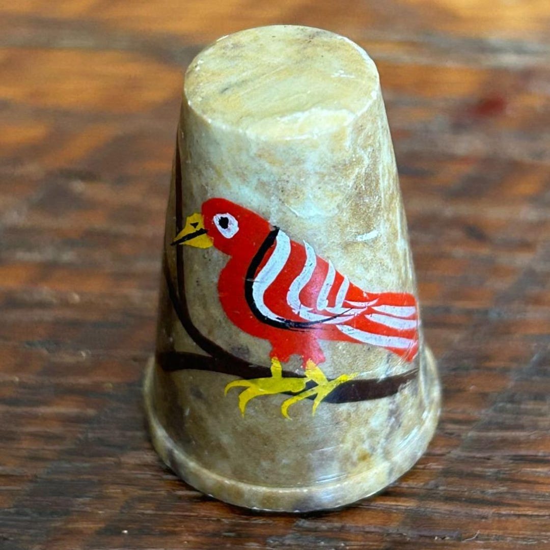 Vintage Hand-painted Stone Thimble With Red Bird Design - Etsy
