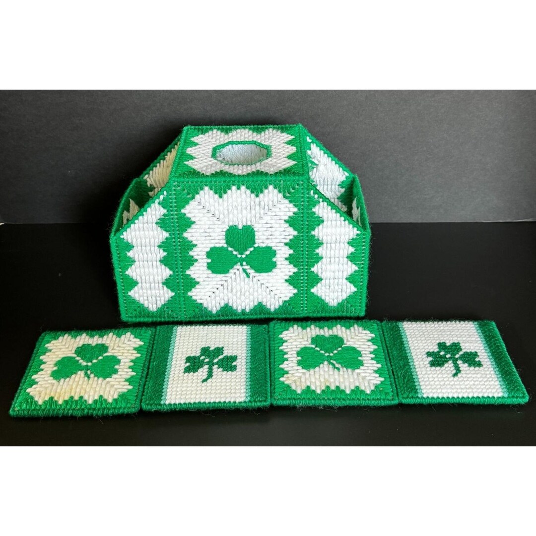 Handcrafted Shamrock Tissue Box Cover & Coaster Set - Green and White ...