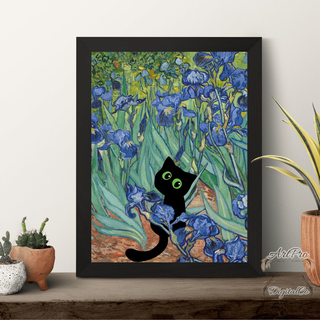 Iris Cat Vincent Van Gogh Poster, Vintage Painting, Black Cat Funny ...