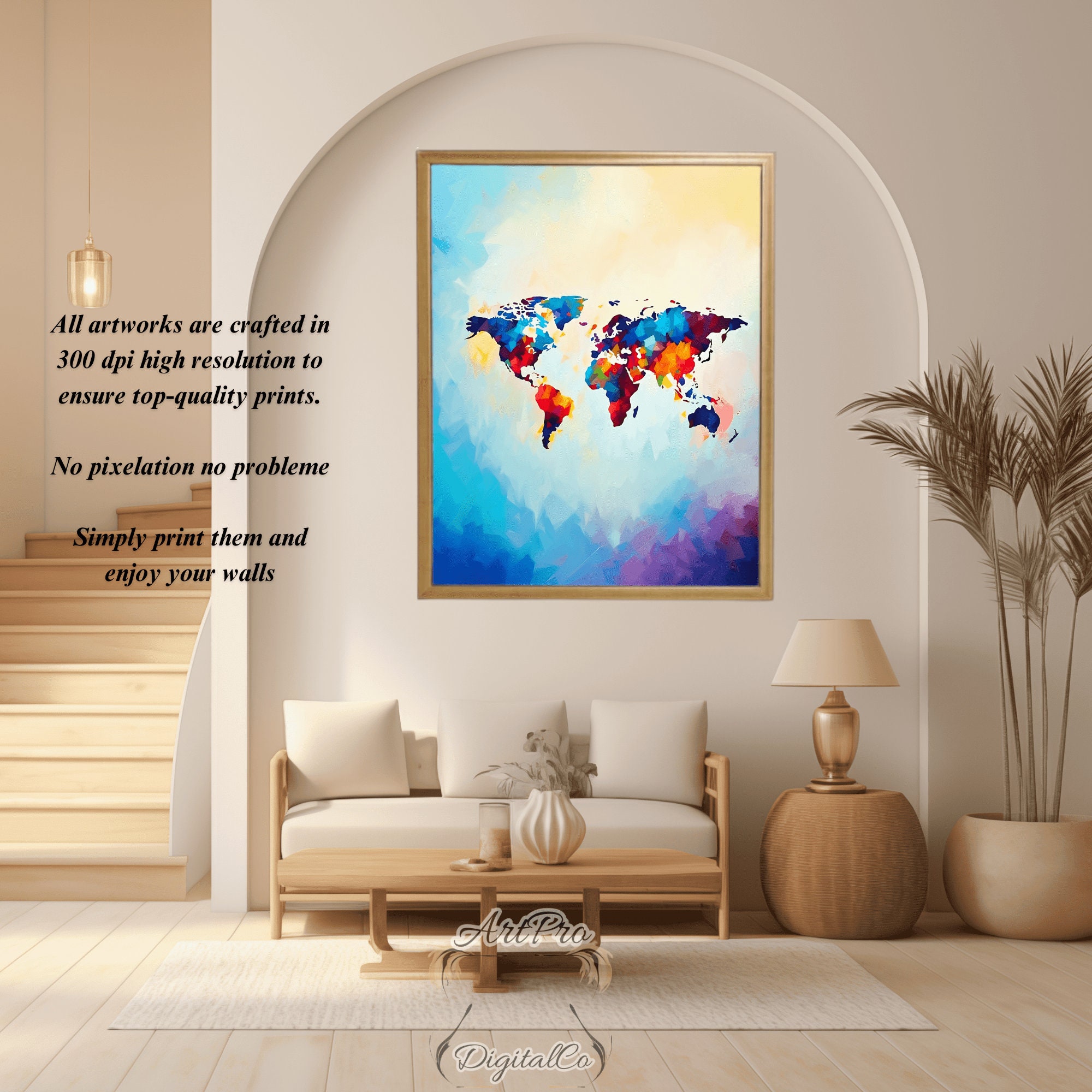 Bundle Abstract World Map Printable, Colorful World Map, Watercolor ...