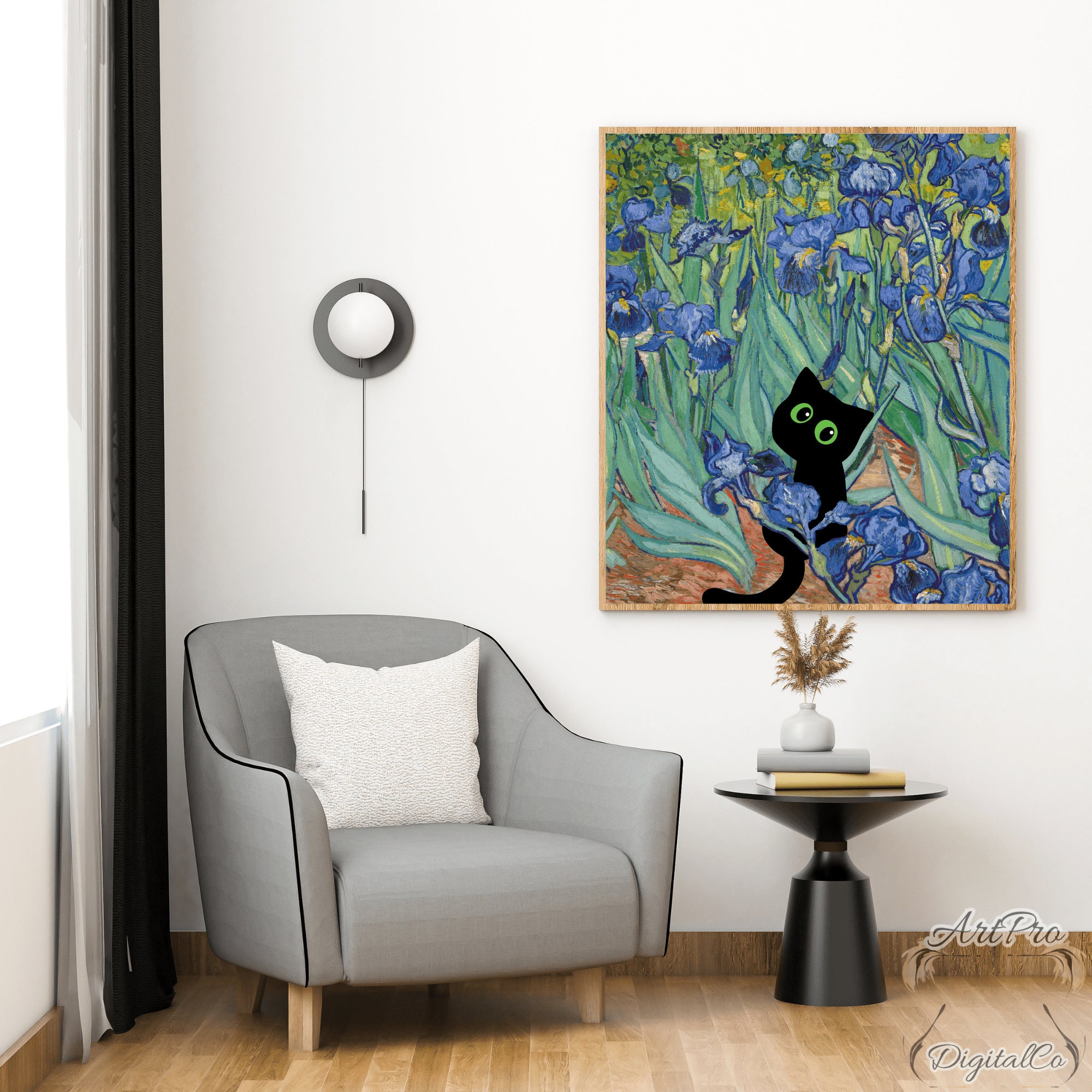 Iris Cat Vincent Van Gogh Poster, Vintage Painting, Black Cat Funny ...