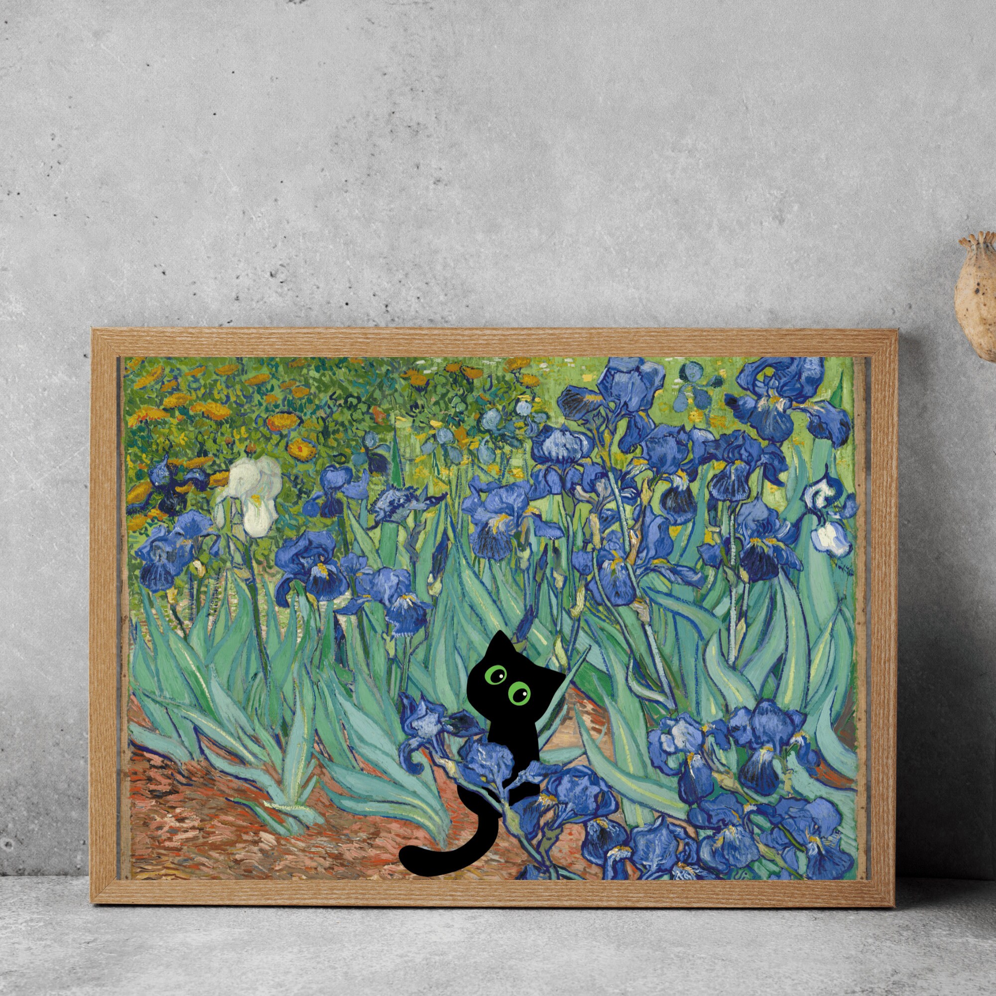 Iris Cat Vincent Van Gogh Poster, Vintage Painting, Black Cat Funny ...