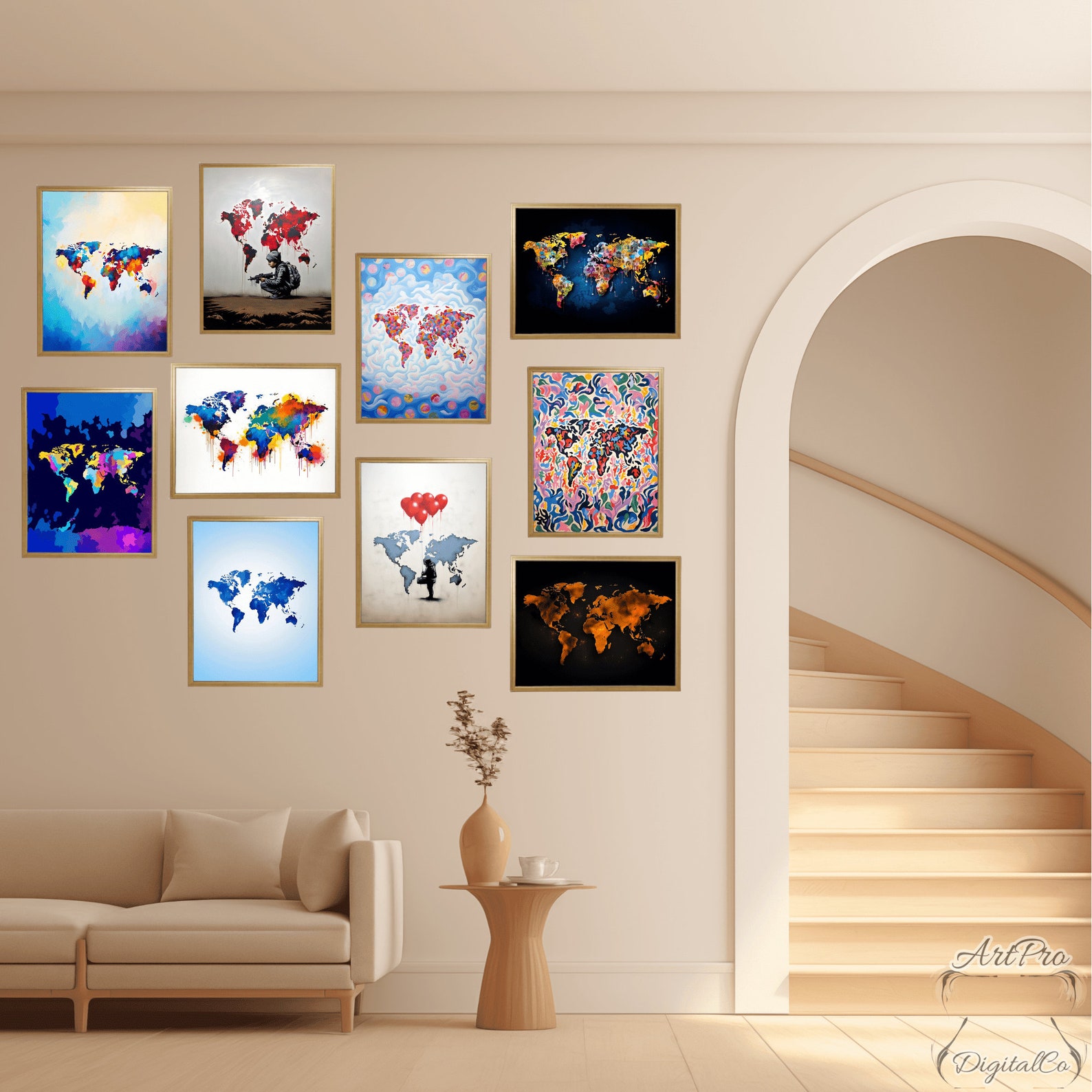 Bundle Abstract World Map Printable, Colorful World Map, Watercolor ...