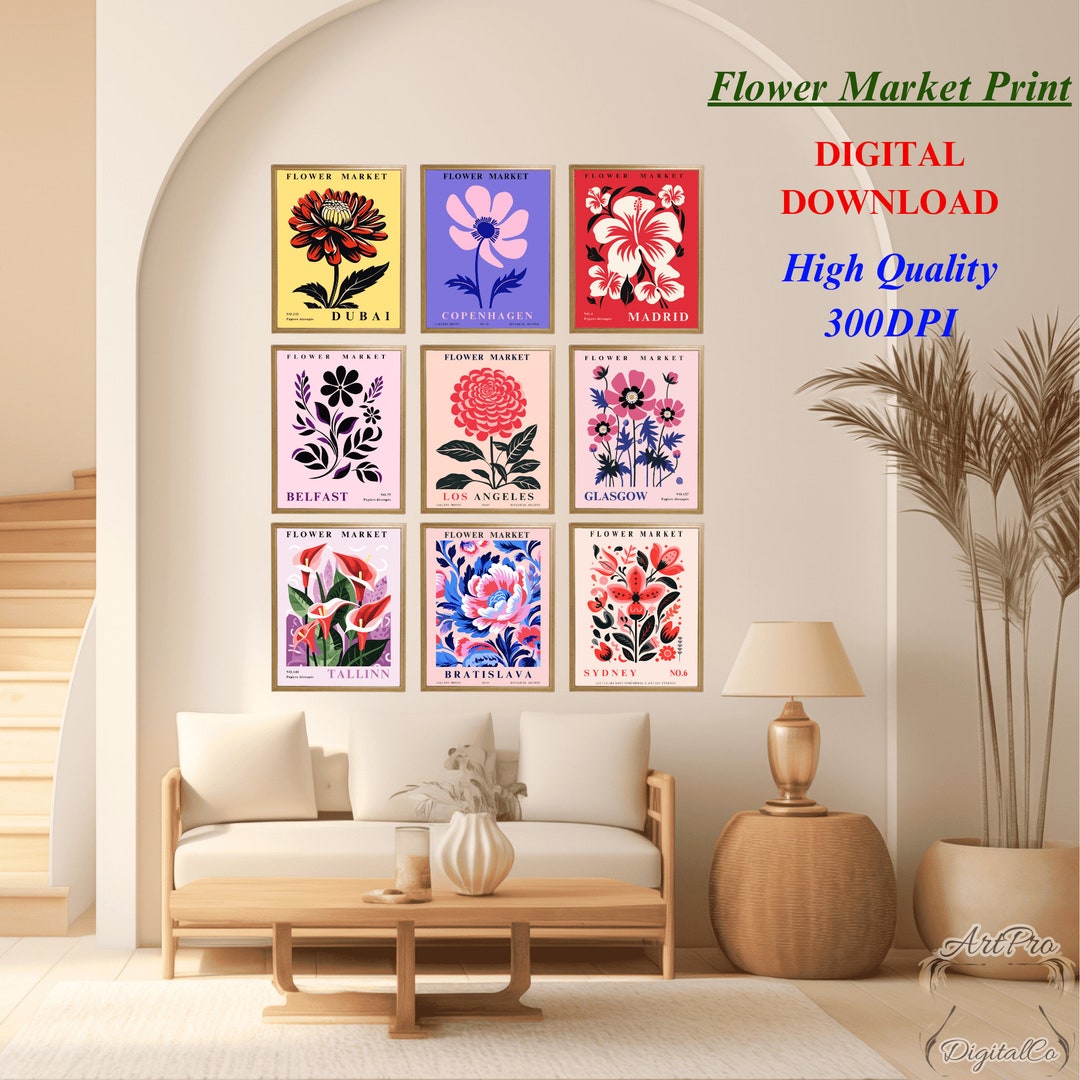 Flower Market Print Set of 9, Botanical Wall Art, Copenhagen Flower ...