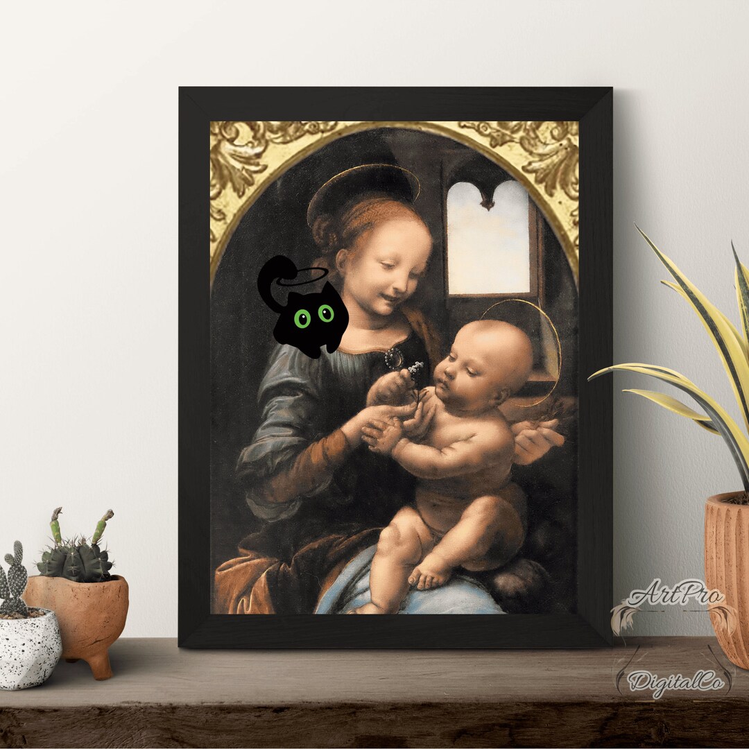 Benois Madonna Cat, Da Vinci Print, Cat Poster Funny, Portrait Cat ...