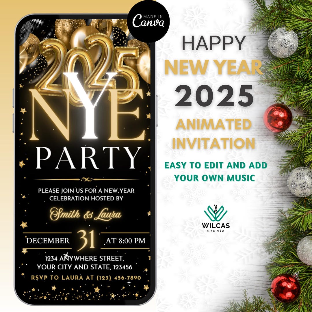 Editable 2025 NYE Party Invitation, Animated Video, Black and Gold NYE ...