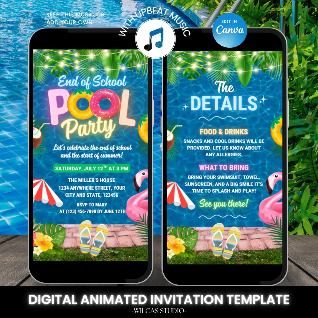 End of School Pool Party Invitation With Music, Editable Animated Video ...