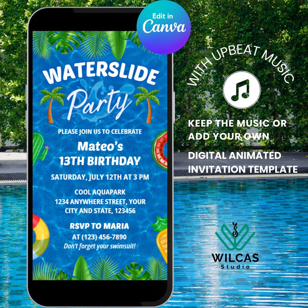 Waterslide Birthday Video Invitation With Music, Animated Water Park ...