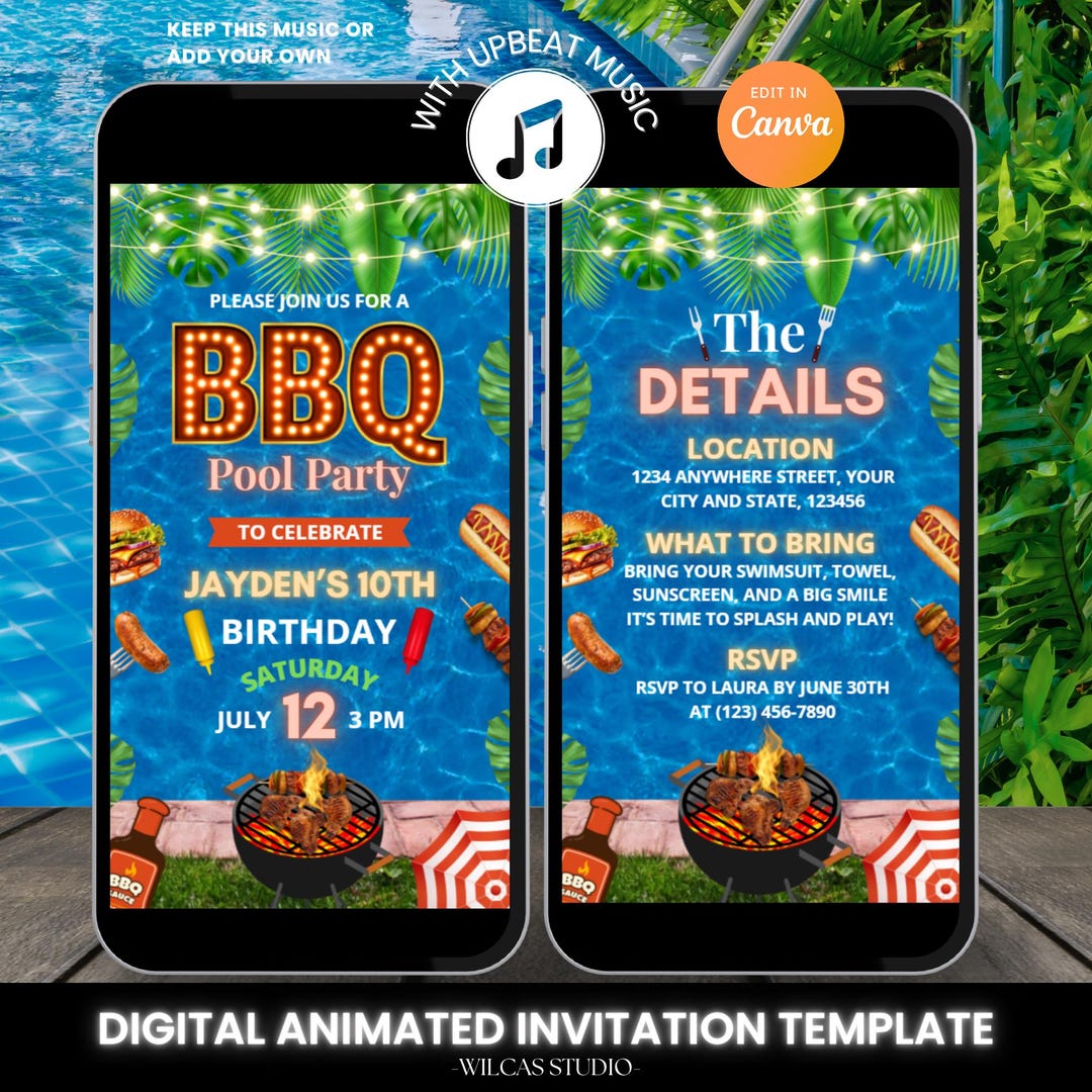 BBQ Pool Party Birthday Video Invitation With Music, Animated Editable ...