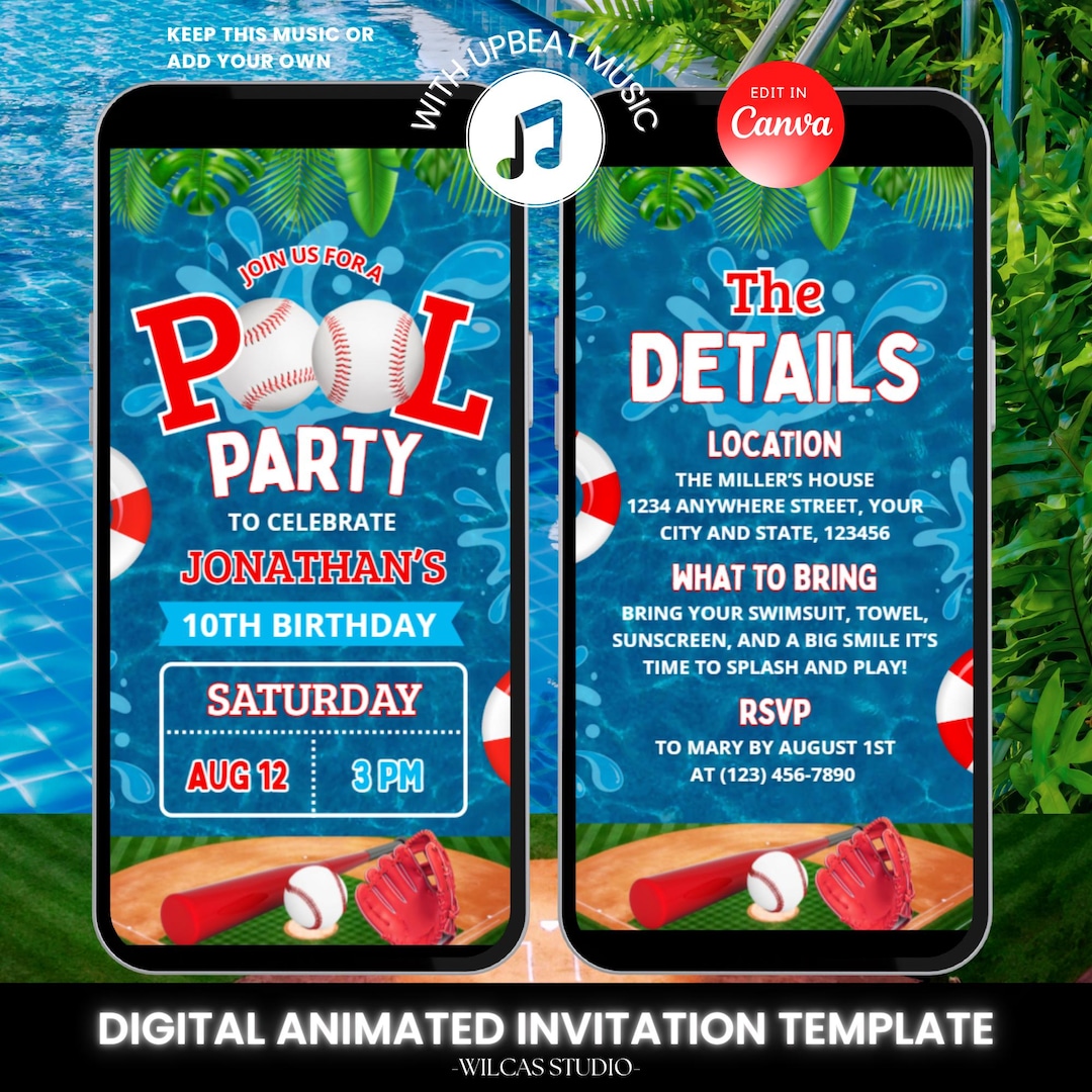 Baseball Pool Party Birthday Video Invitation With Music, Animated ...