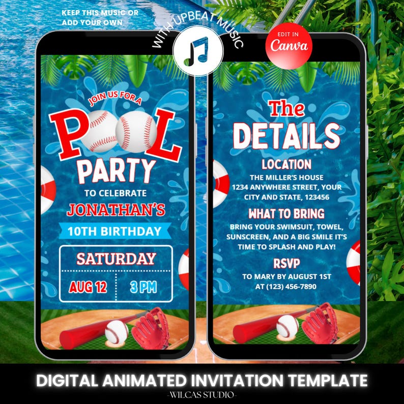 Baseball Pool Party Birthday Video Invitation With Music, Animated ...