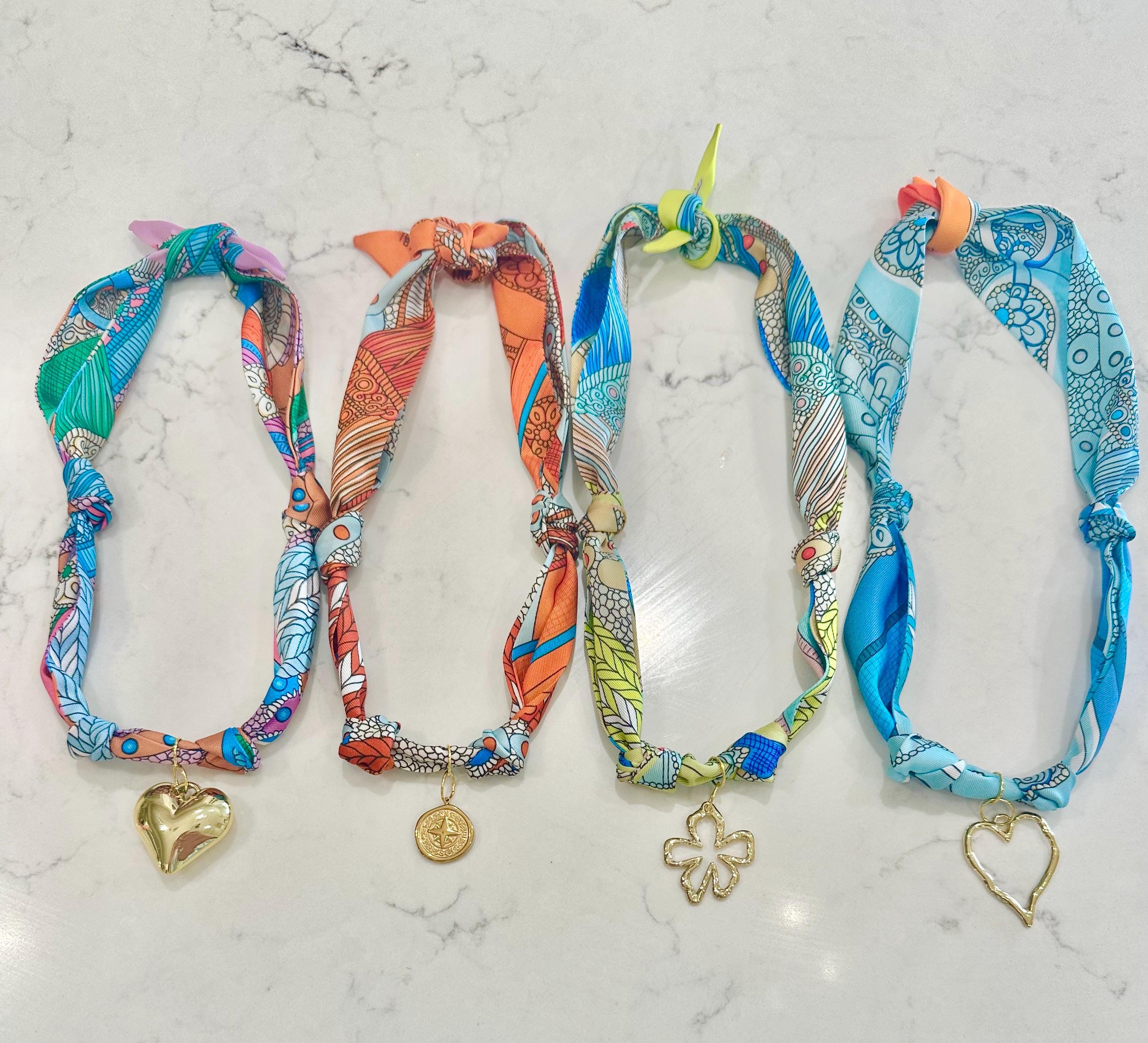 Silk Knotted Scarf Bandana, Charm Pendant Necklace. Adjustable Tie ...