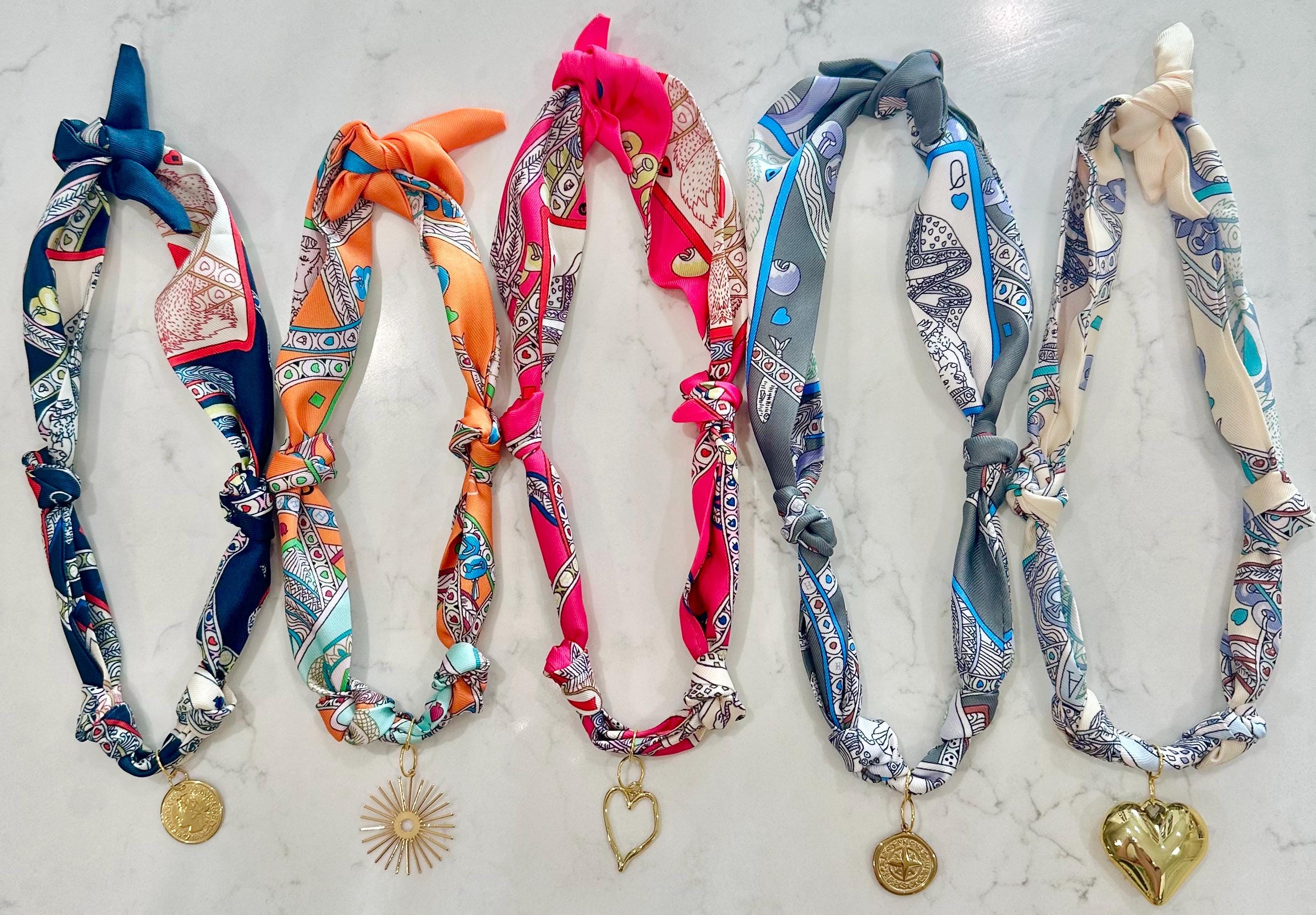 Silk Knotted Scarf Bandana, Charm Pendant Necklace. Adjustable Tie ...