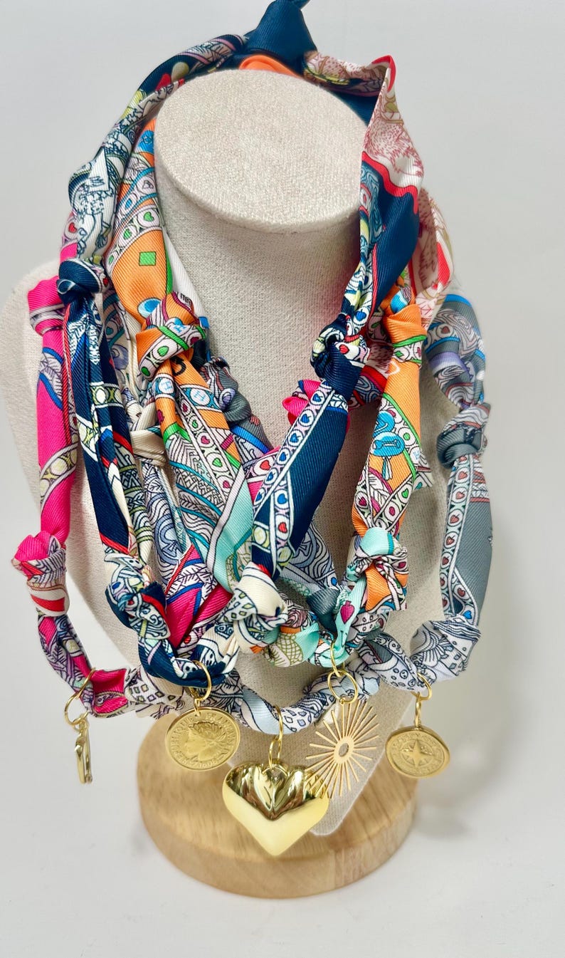 Silk Knotted Scarf Bandana, Charm Pendant Necklace. Adjustable Tie ...