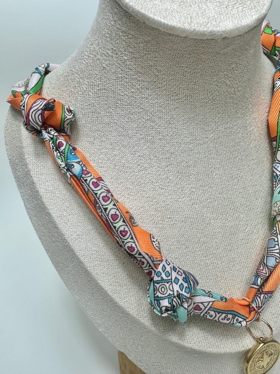 Orange Silk Knotted Scarf Bandana, Gold Compass Charm Pendant Necklace ...