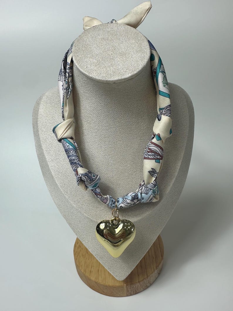 White Silk Knotted Scarf Bandana, Puffy Heart Charm Pendant Necklace ...