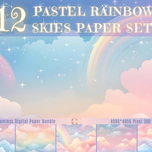 Seamless Watercolor Pastel Rainbow Skies Paper Set | 12 Digital ...