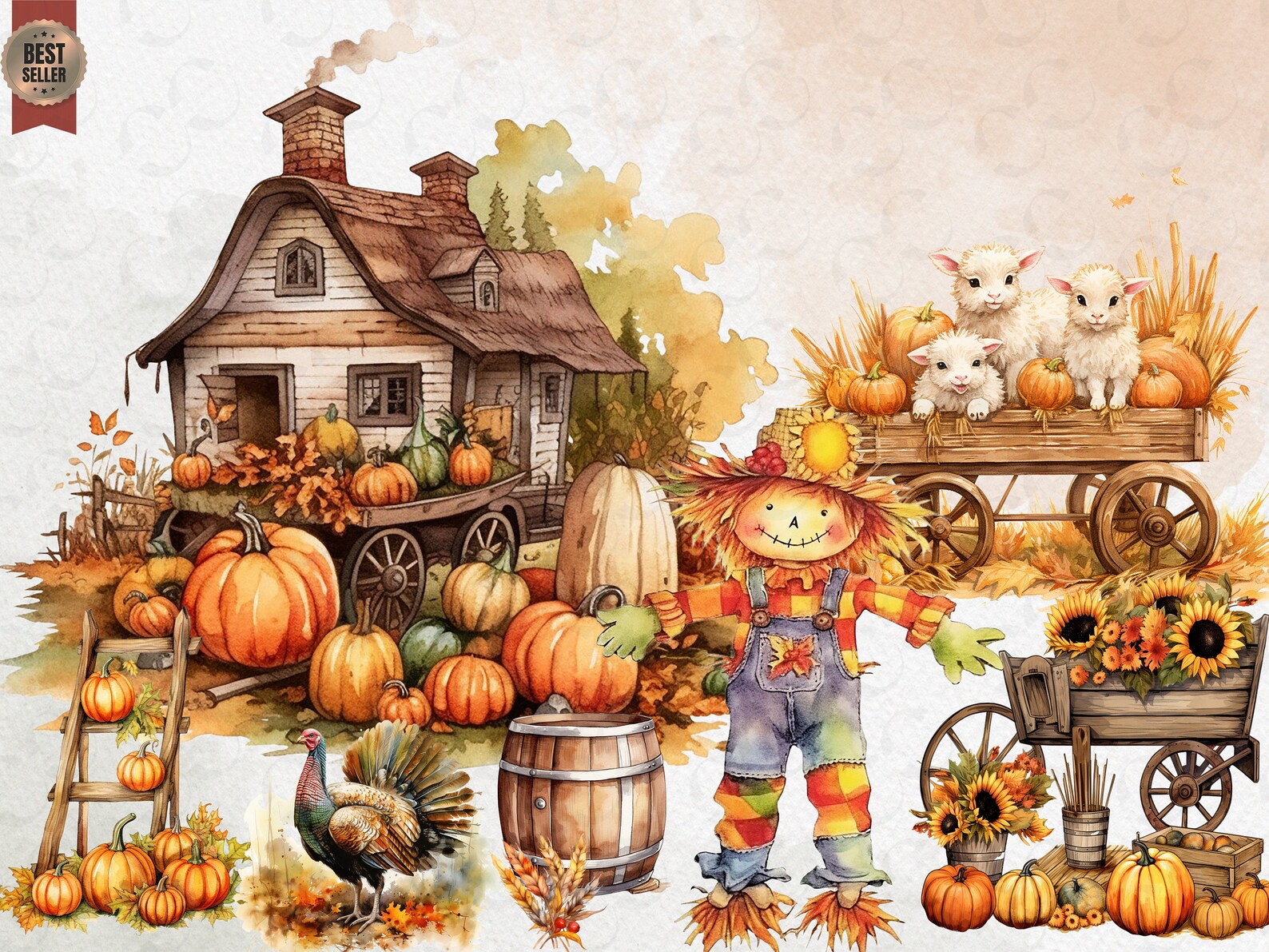 Watercolor Autumn Farm Clipart: 30 PNG Scenes, Pumpkins, Harvest ...
