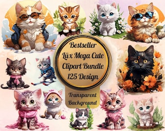 Cute Cat Clipart Bundle, Clip Art Set of 18 High Quality Pngs, Happy ...