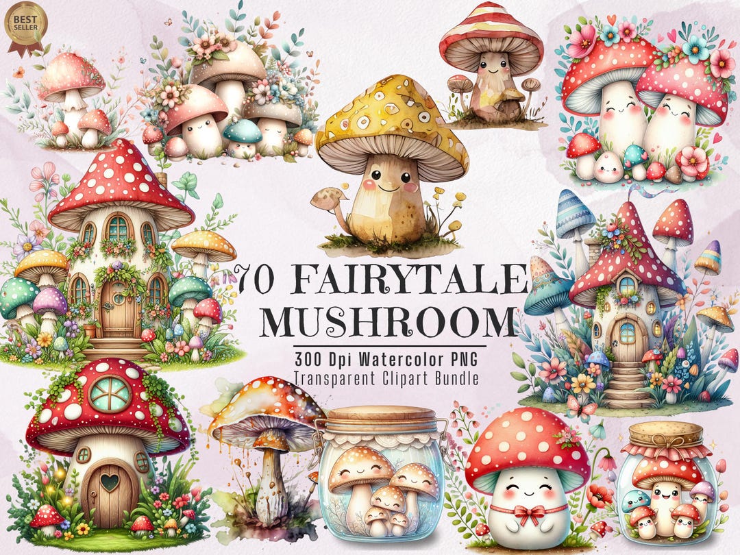 Watercolor Mushroom Clipart: Retro Fairy House PNG Pack - Etsy