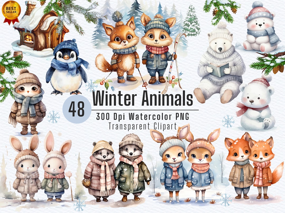 48 Winter Animals Watercolor PNG Clipart Bundle, Winter Forest Animals ...