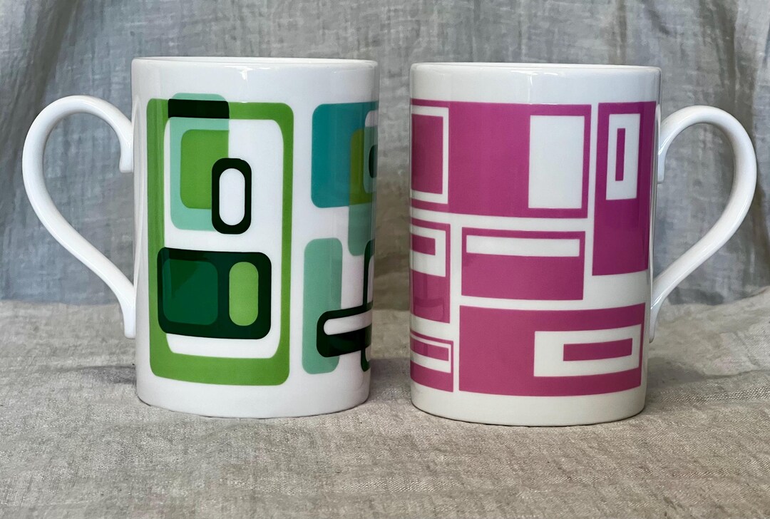 Tams Fine Bone China MCM Tea Mugs | Retro Pink and Green Geometric ...
