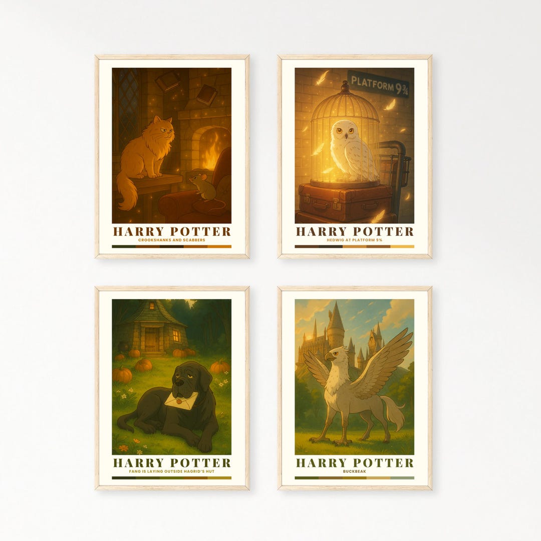 Harry Potter World Ghibli Studio Poster Set | Hedwig, Crookshanks, Fang ...