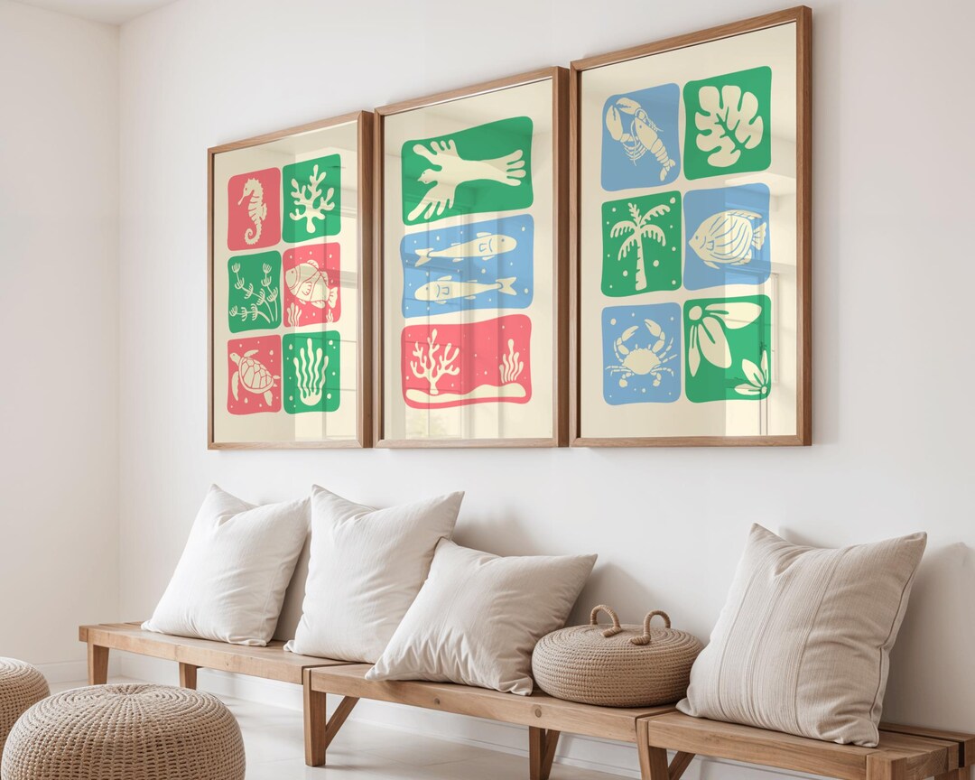 Coastal Sea Life Wall Art Set | Modern Nautical Prints | Marine Life ...