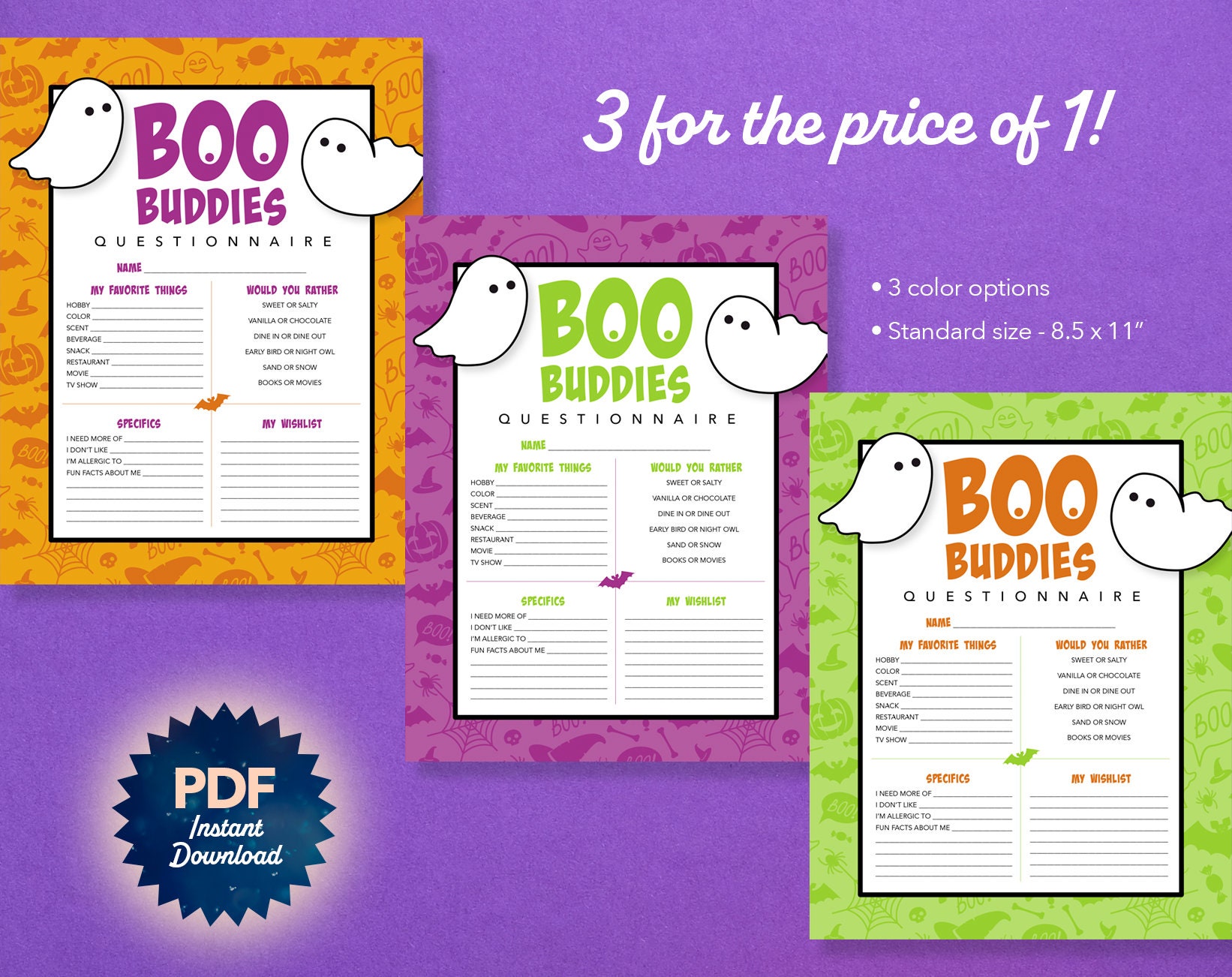 Printable PDF Boo Buddies Questionnaire for Halloween Gift - Etsy