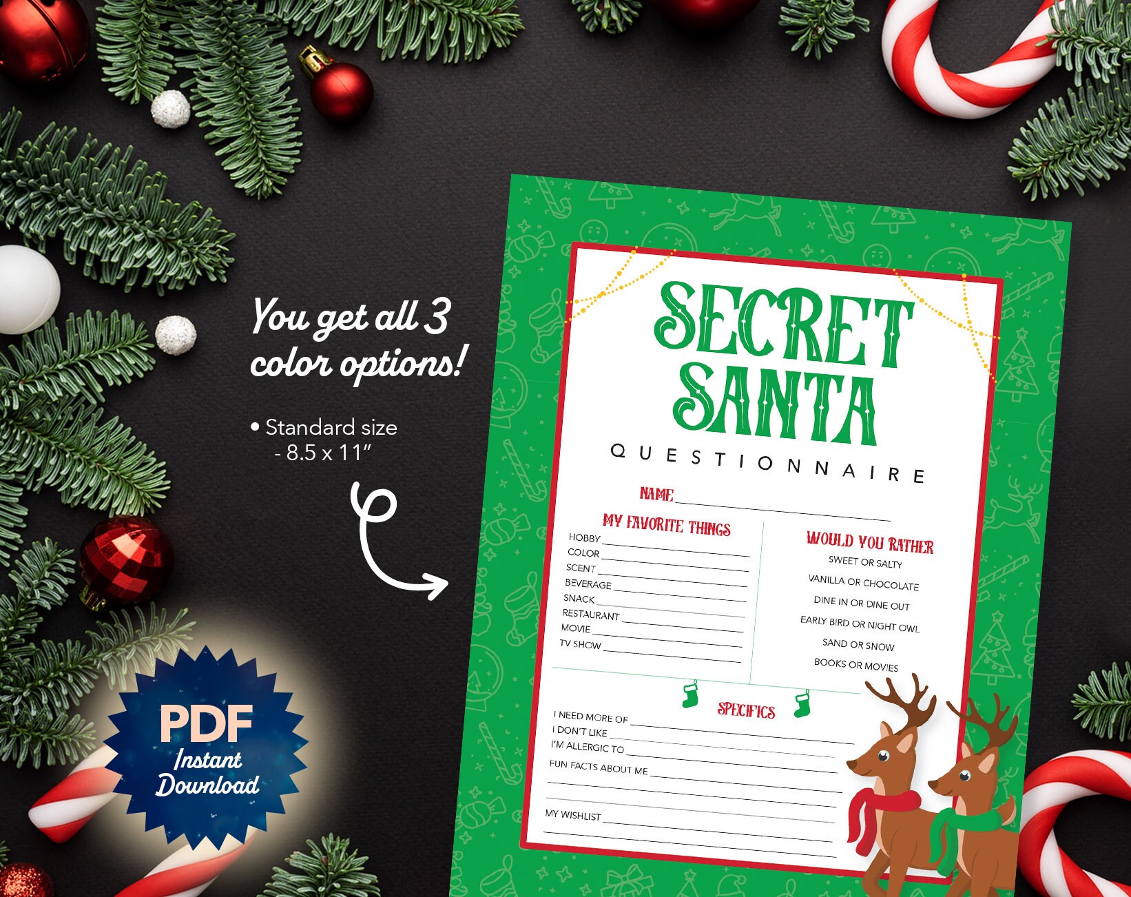 Secret Santa Questionnaire & Note Cards Bundle (printable PDF) - Etsy