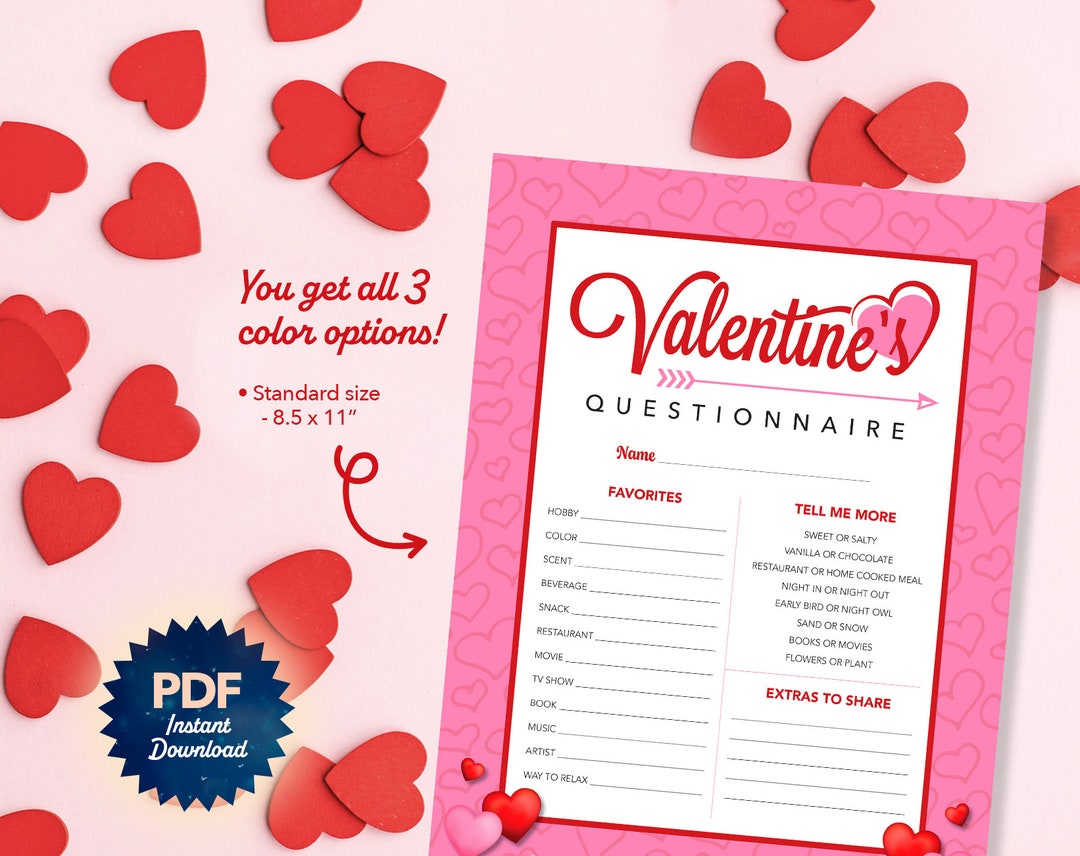 Valentines Questionnaire | Valentines Day Printable Game | Valentines ...