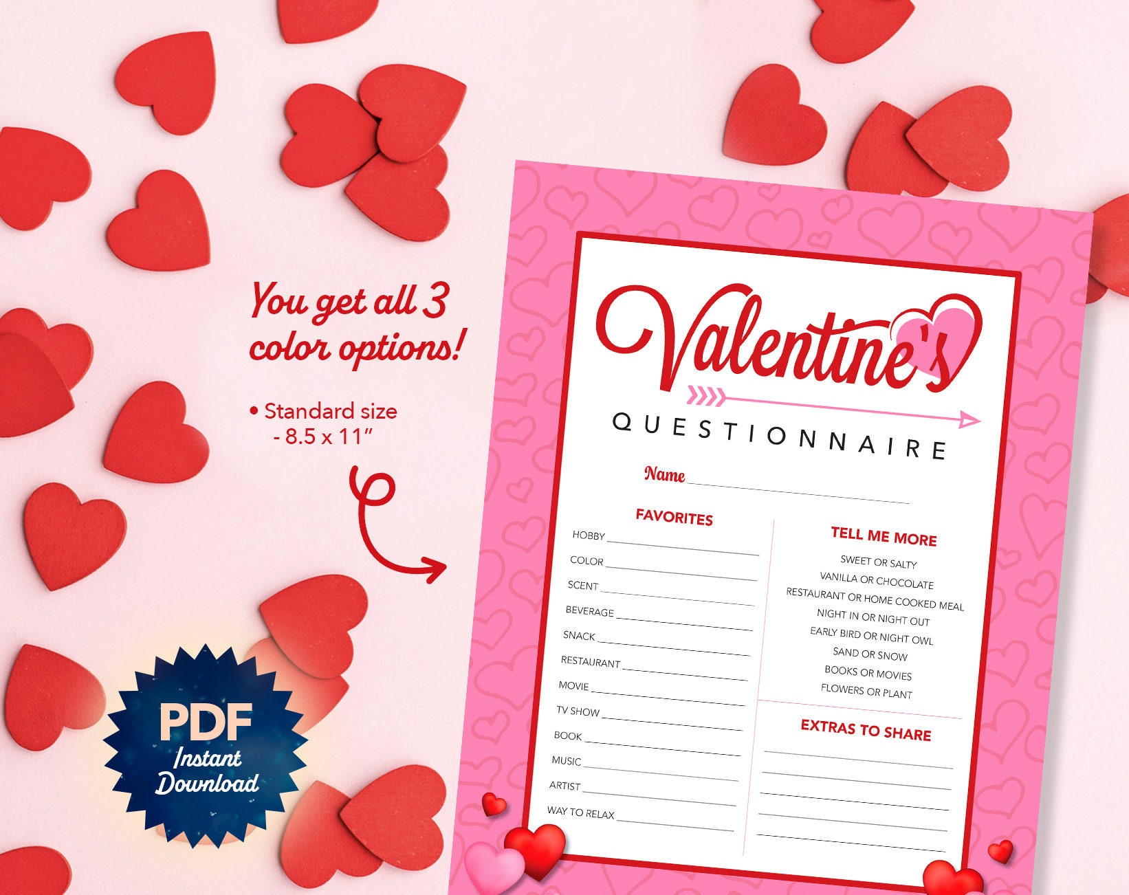 Valentines Questionnaire Valentines Day Printable Game Valentines Gift ...