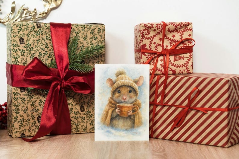 Winter Mouse Printable Card — Cozy Animal Christmas Card, Watercolour ...