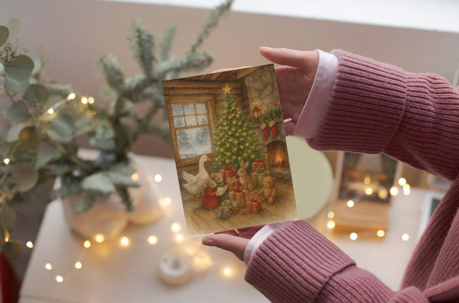 Rustic Cabin Christmas Card Printable – Watercolour Animals, Tree ...