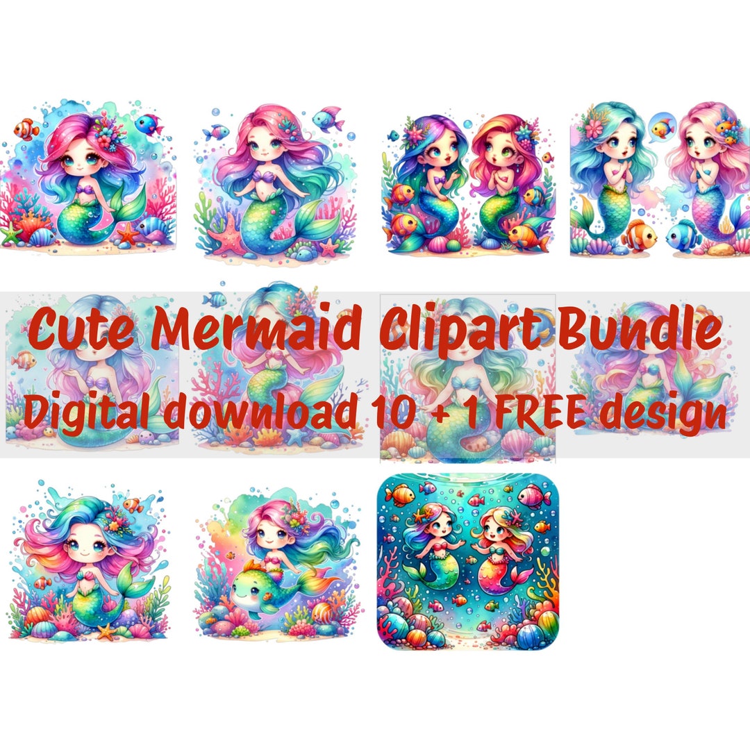 Cute Watercolor Mermaid Clip Art Bundle Childs Room Wall Art PNG ...