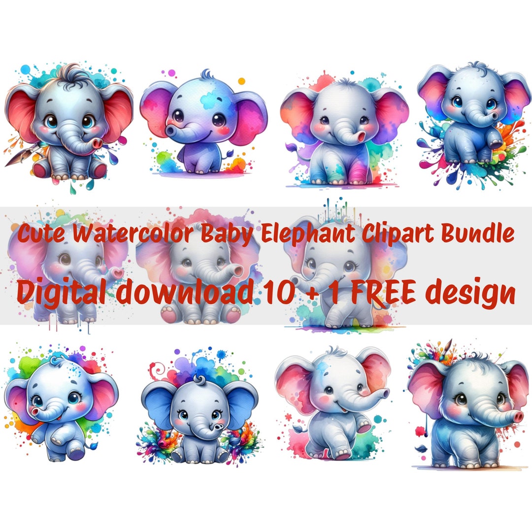 Cute Baby Elephant Watercolor Clip Art Bundle -paint Splash Water Color ...