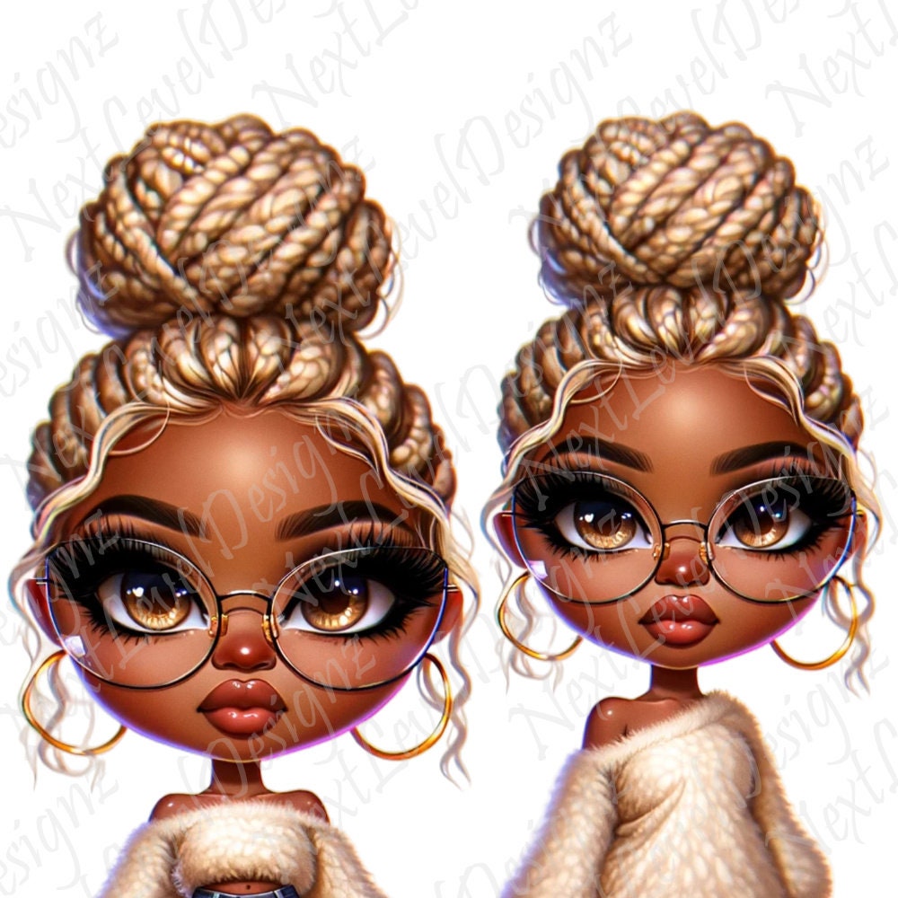 Chibi African American Woman Clipart PNG Digital Art Bundle Doubletake ...