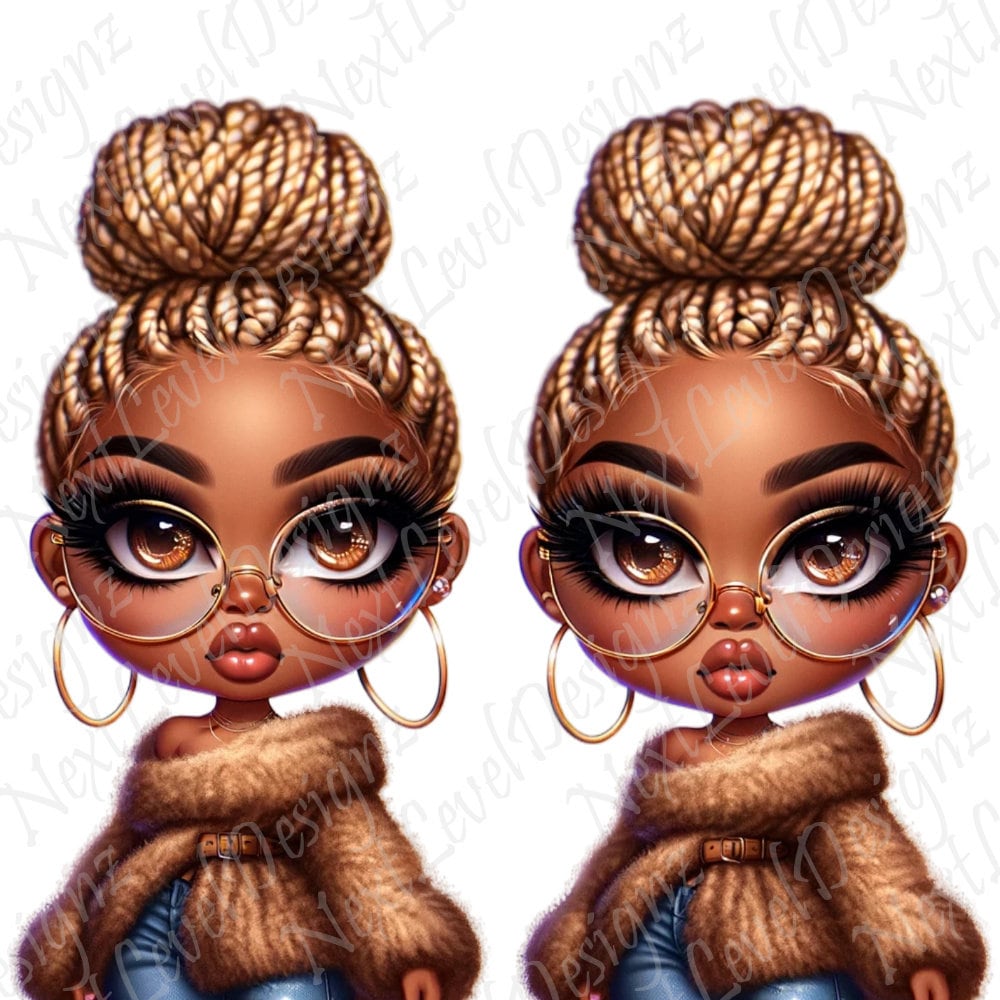 Chibi African American Woman Clipart PNG Digital Art Bundle Doubletake ...